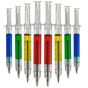 bedwina syringe pens - (bulk pack of 24) retractable fun multi color novelty pen for nurses, nursing student school supplies, birthdays, stocking stuffers and toy party favor gifts