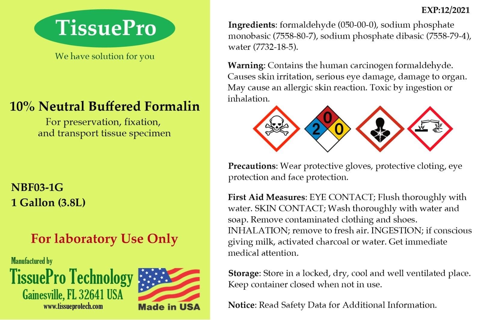 Tissue Pro - 10% Neutral Buffered Formalin (NFB) Ready-to-Use Histological Tissue Fixative, Formaldehyde Wet Specimen Preservation,1Gallon or 3.8 L, R