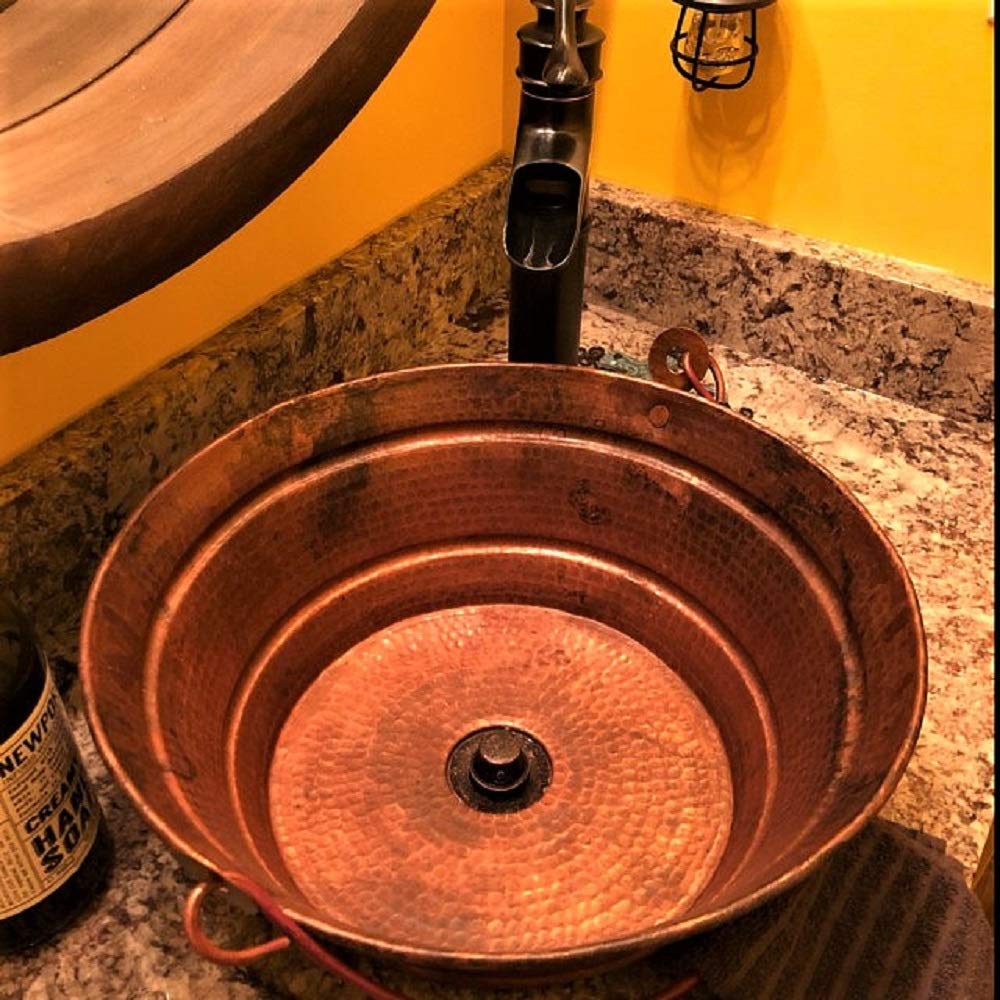 SimplyCopper Natural Fired 15" Round Copper Vessel BUCKET Bath Sink