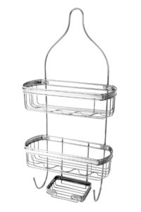 splash home bathroom shower door or hanging from shower head caddy with two basket organizers plus a soap dish for storage shelves for shampoo, conditioner and soap – silver chrome