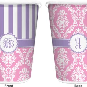 RNK Shops Personalized Pink & Purple Damask Waste Basket - Double Sided (White)