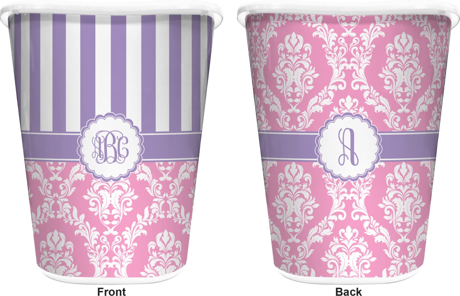 RNK Shops Personalized Pink & Purple Damask Waste Basket - Double Sided (White)