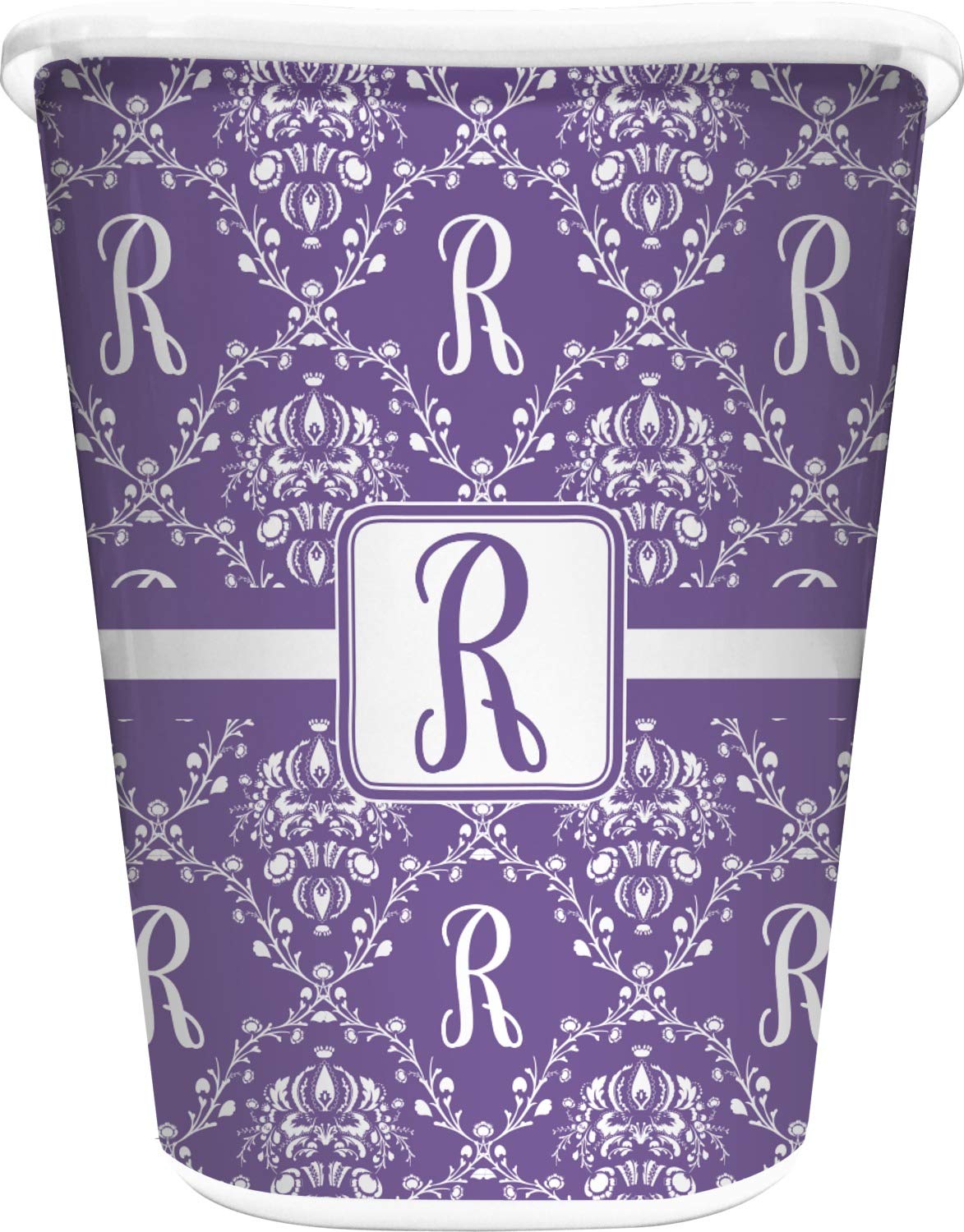 RNK Shops Personalized Initial Damask Waste Basket - Double Sided (White)