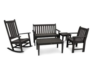 polywood vineyard 5-piece bench & rocking chair set (black)