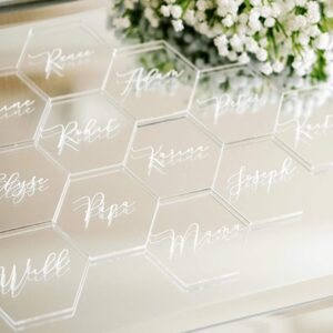 Clear Acrylic Laser Cut Hexagon Sheet, Hexagon Place Cards for Table Numbers, Guest Name, Food Signs and Special Event Decoration and DIY Accessory (3.0")