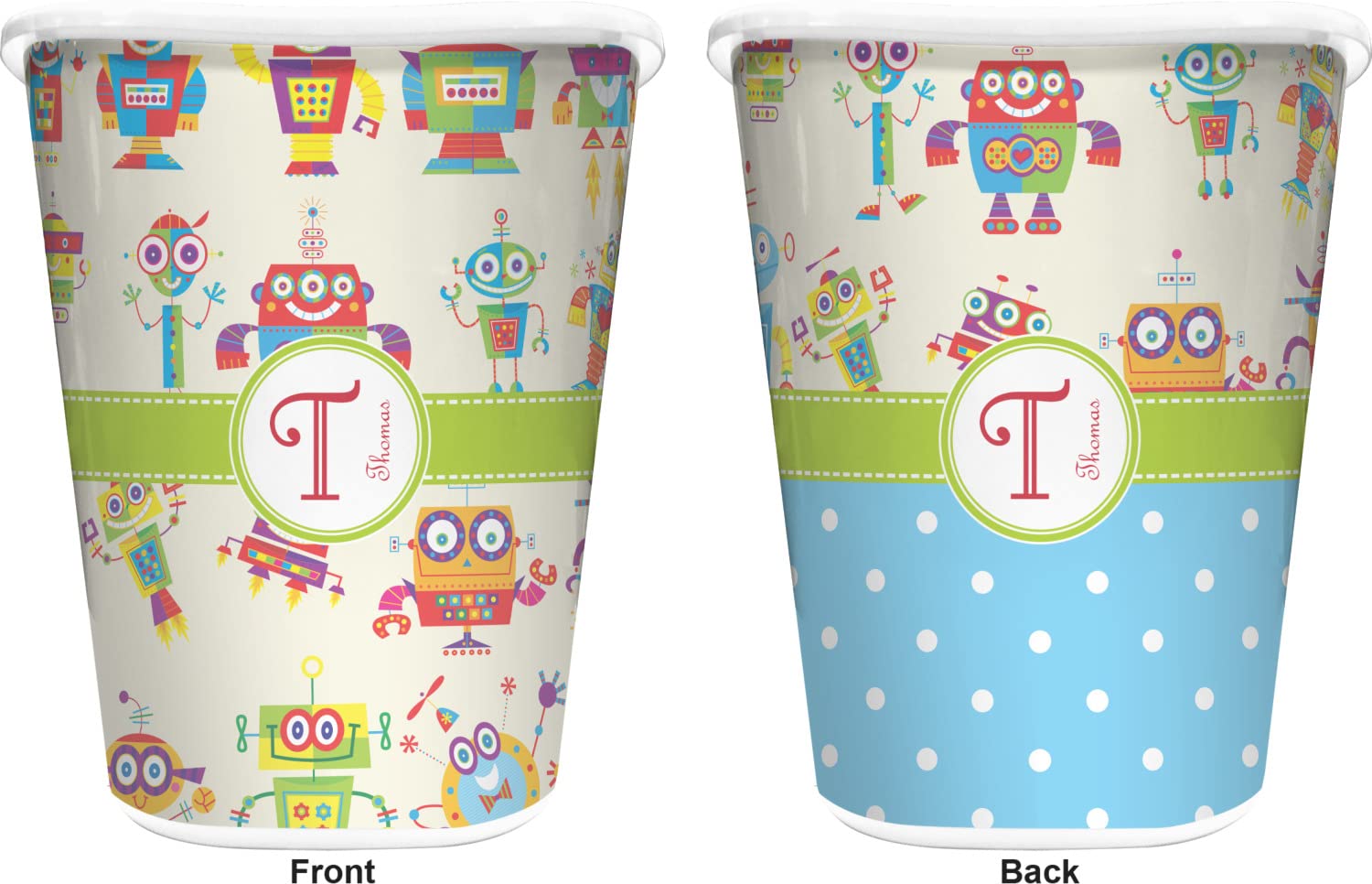 YouCustomizeIt Personalized Rocking Robots Waste Basket - Double Sided (White)