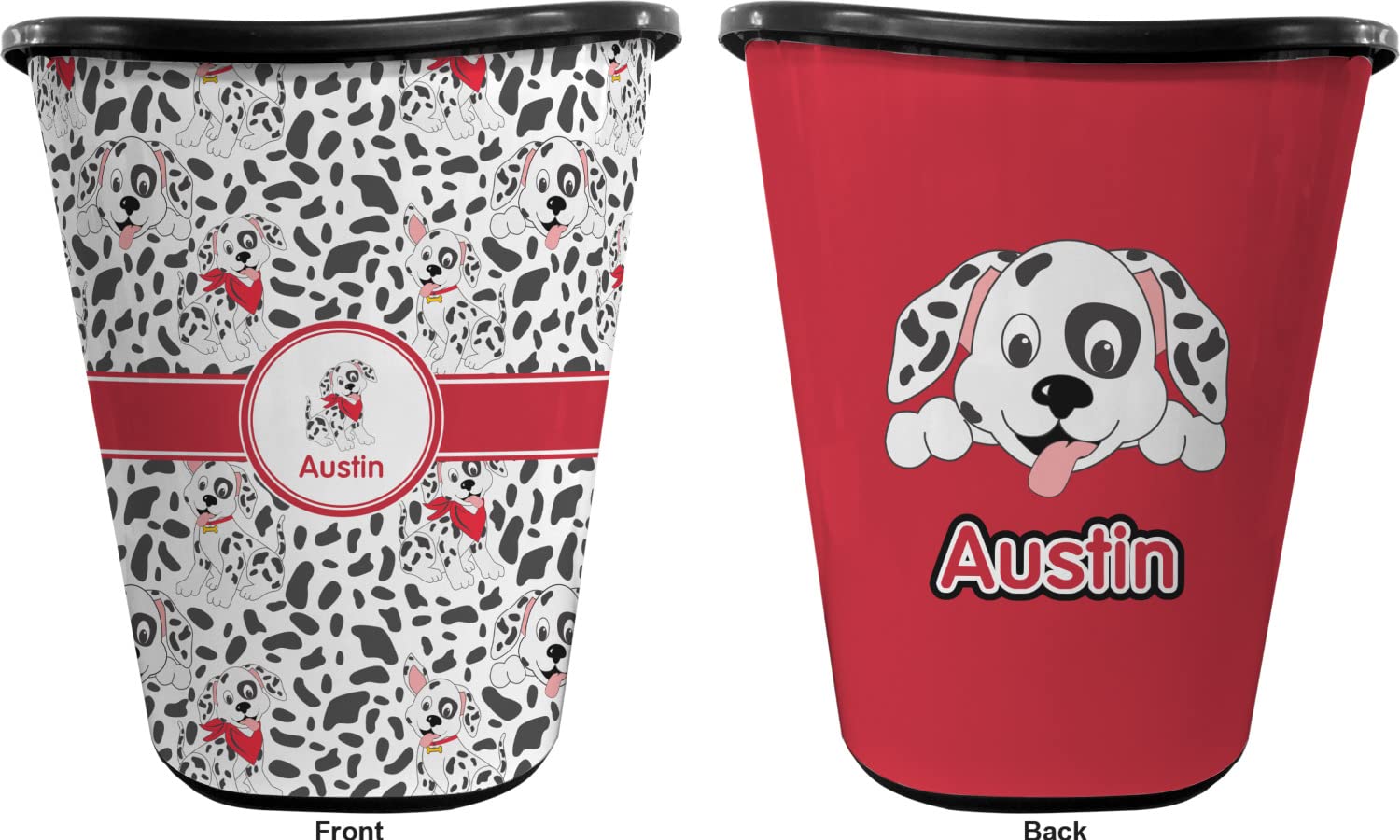 RNK Shops Personalized Dalmation Waste Basket - Double Sided (Black)