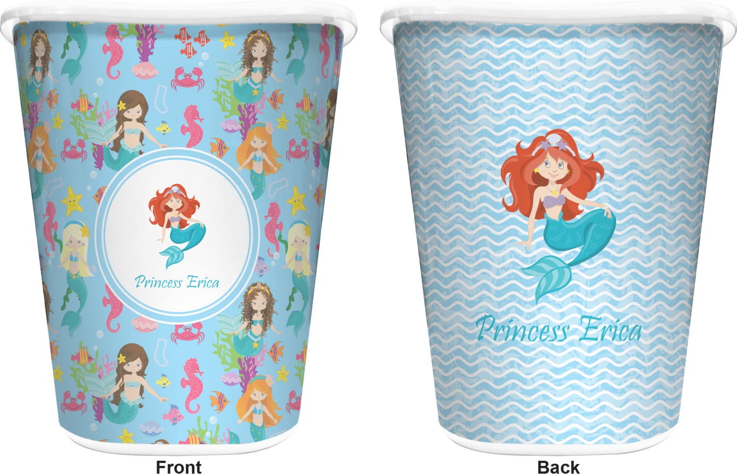 RNK Shops Personalized Mermaids Waste Basket - Double Sided (White)