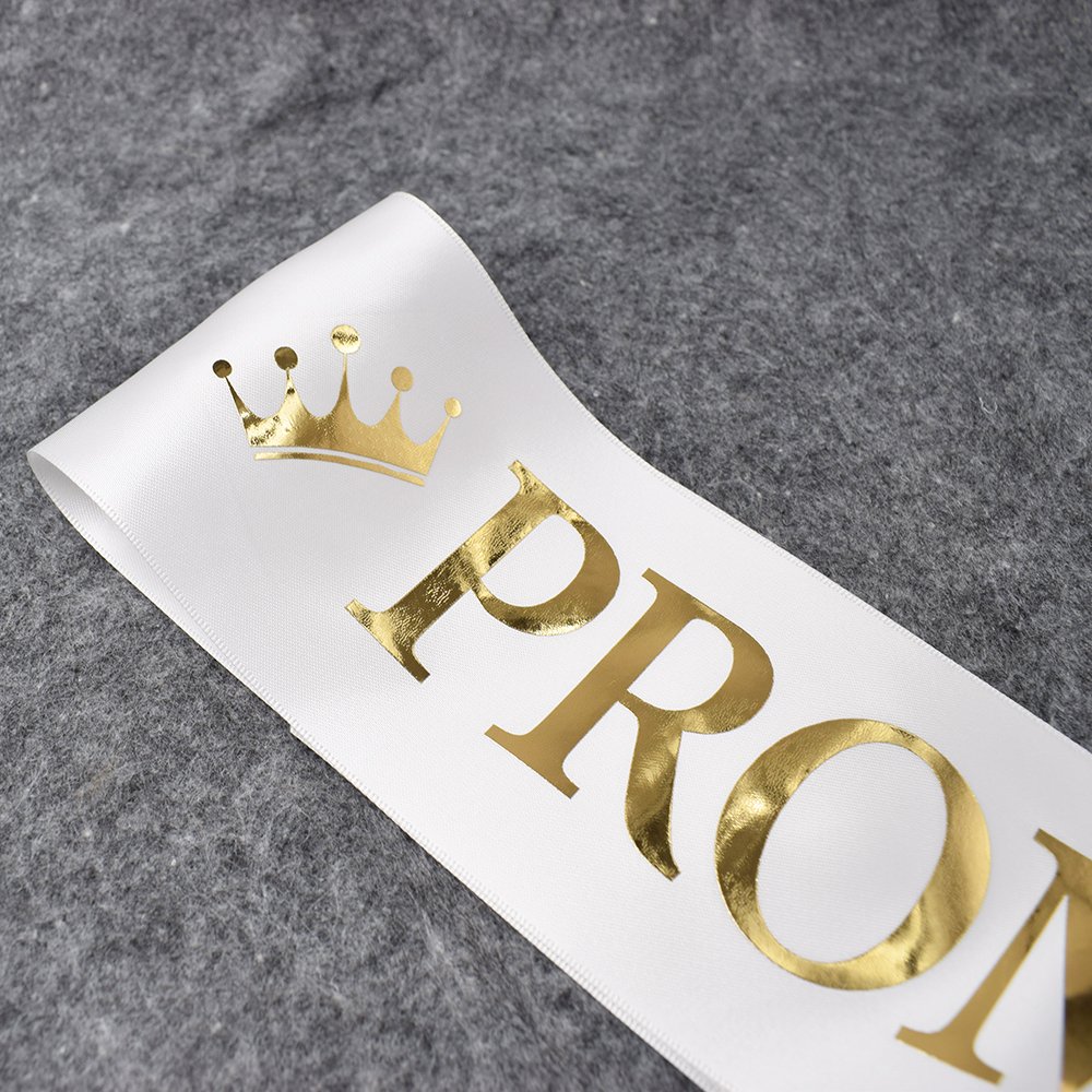 "Prom Court" Sash - Set of 2 - School Dance Graduation Party School Party Accessories, White with Gold Print …