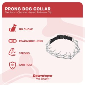 Downtown Pet Supply Chrome Plated/Nylon Prong Collar for Dogs, Medium - Adjustable, No-Choke and No Pull Dog Collar with Removable Links - Pinch Collar for Dogs 20-40 lbs and 20" Neck Width