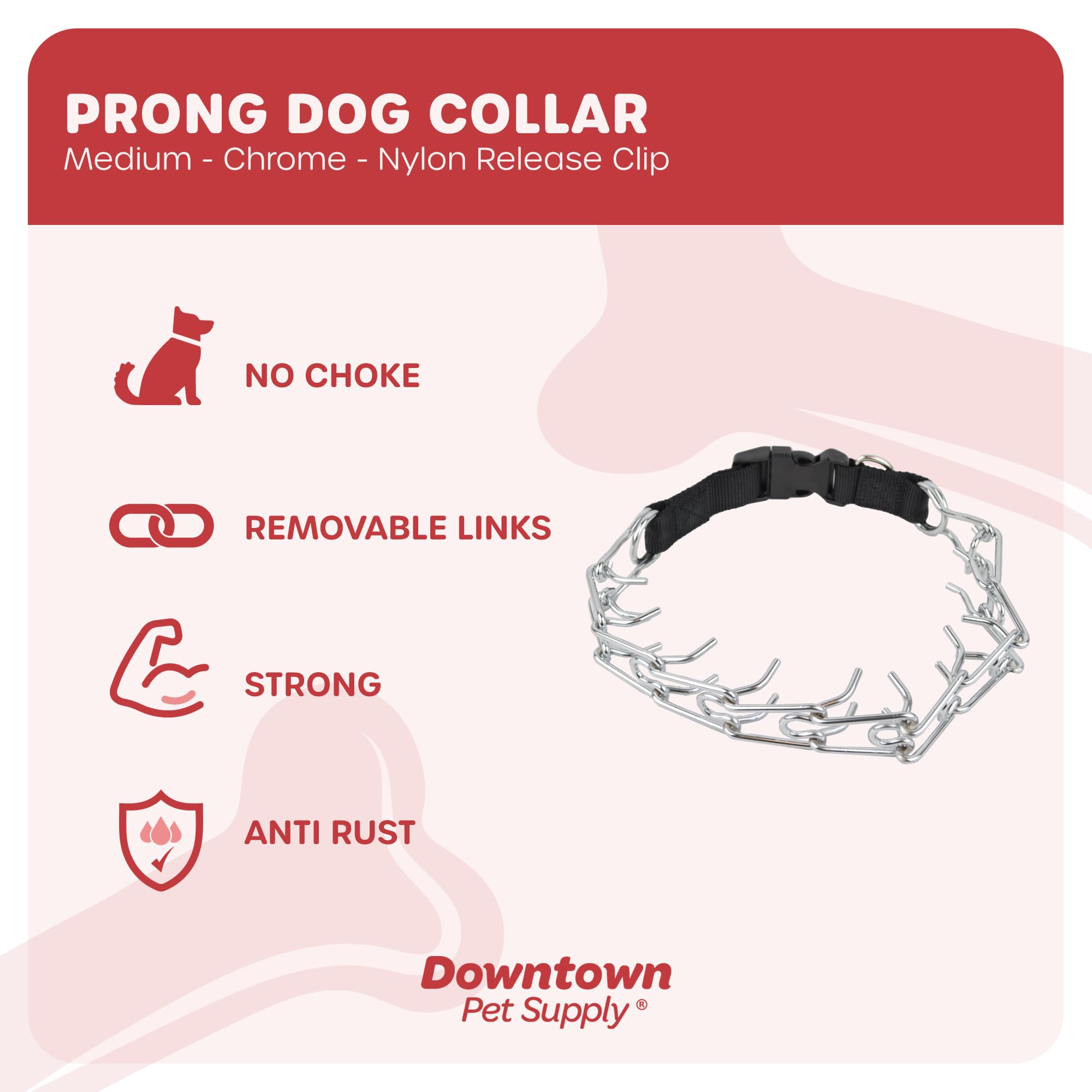 Downtown Pet Supply Chrome Plated/Nylon Prong Collar for Dogs, Medium - Adjustable, No-Choke and No Pull Dog Collar with Removable Links - Pinch Collar for Dogs 20-40 lbs and 20" Neck Width