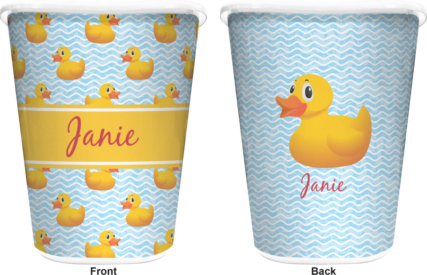 RNK Shops Personalized Rubber Duckie Waste Basket - Double Sided (White)