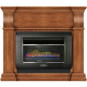 duluth forge dual fuel ventless gas fireplace system with mantle, thermostat control, 1 fire logs, use with natural gas or liquid propane, 26000 btu, heats up to 1400 sq. ft., toasted almond finish