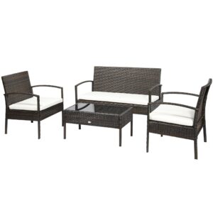 outsunny patio furniture set, 4 piece indoor outdoor pe wicker conversation set with chairs, loveseat sofa, cushions, glass table for backyard, sunroom, pool, garden, brown