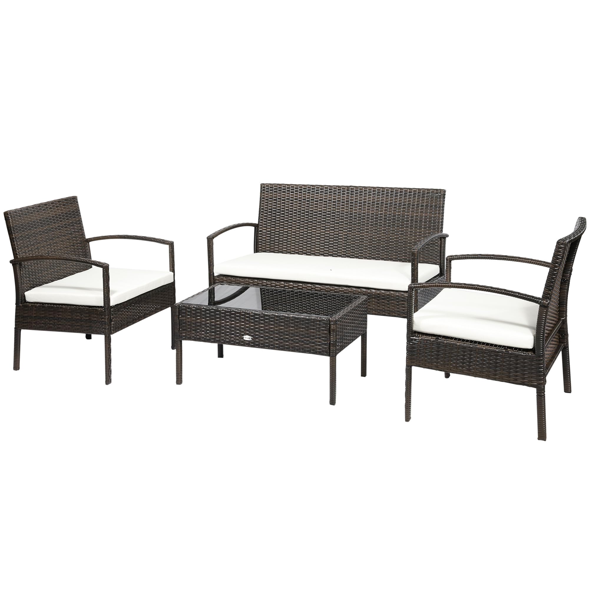 Outsunny Patio Furniture Set, 4 Piece Indoor Outdoor PE Wicker Conversation Set with Chairs, Loveseat Sofa, Cushions, Glass Table for Backyard, Sunroom, Pool, Garden, Brown