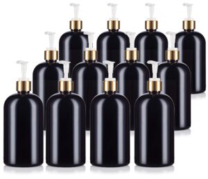 juvitus 8 oz black boston round pet plastic bottle with gold lotion pump (12 pack)