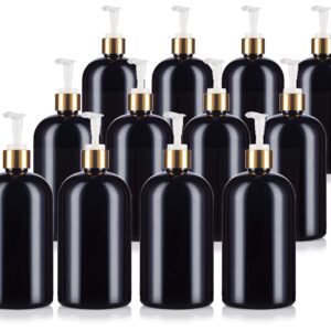 JUVITUS 8 oz Black Boston Round PET Plastic Bottle with Gold Lotion Pump (12 pack)