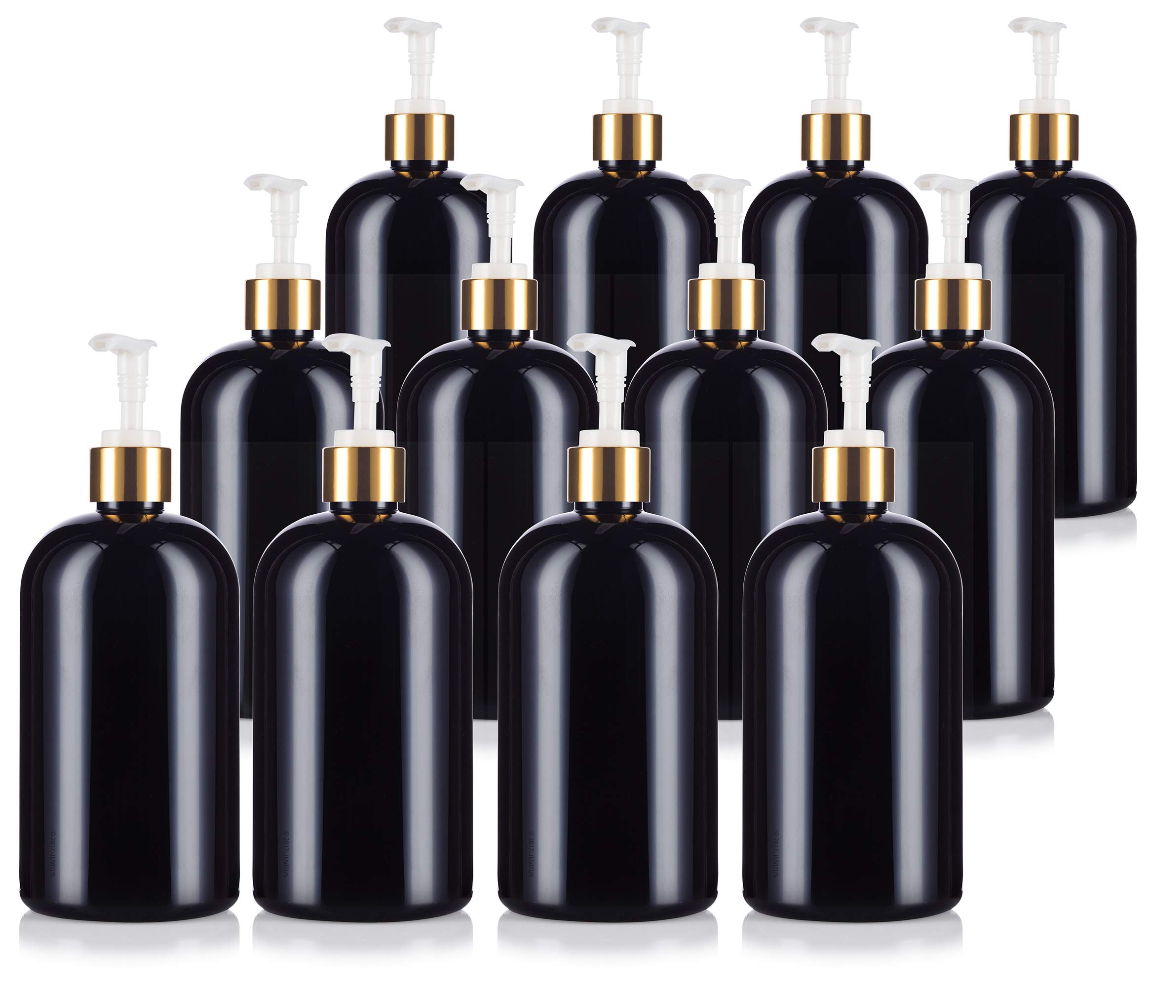 JUVITUS 8 oz Black Boston Round PET Plastic Bottle with Gold Lotion Pump (12 pack)