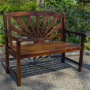 pemberly row 36" h transitional acacia wood outdoor patio bench, assembly required, comfortable and stable, for patios and gardens, in brown finish