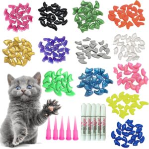 ymccool 100pcs cat nail caps/tips pet cat kitten paws covers control paws of 10 nails caps and 5pcs adhesive glue 5 applicator with instruction