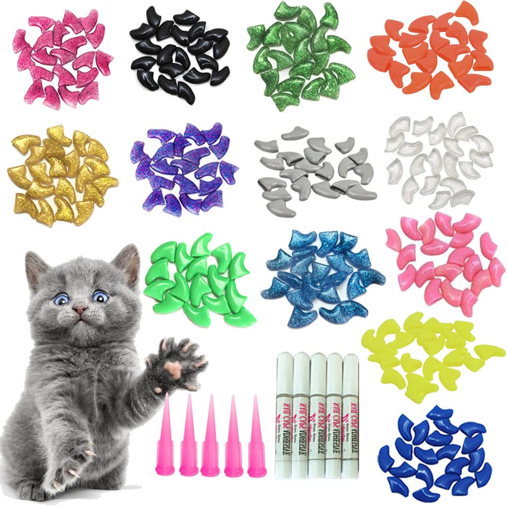 YMCCOOL 100pcs Cat Nail Caps/Tips Pet Cat Kitten Paws Covers Control Paws of 10 Nails Caps and 5Pcs Adhesive Glue 5 Applicator with Instruction