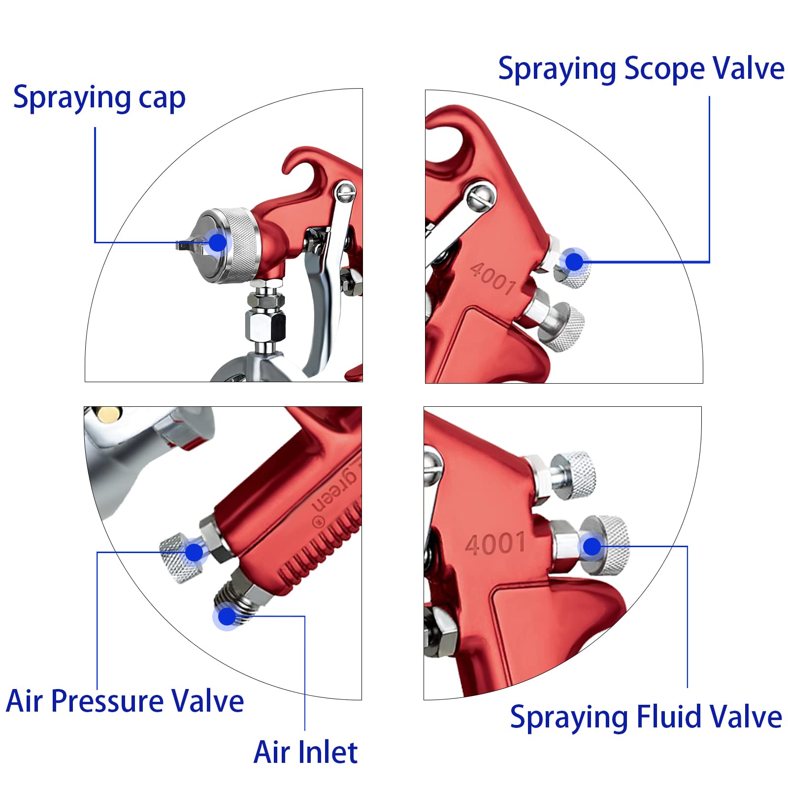 PNTGREEN HVLP Spray Gun Air Paint Sprayer Siphon Feed 1000CC Capacity, with 1.8mm Nozzle Professional Spray Guns for Painting Cars