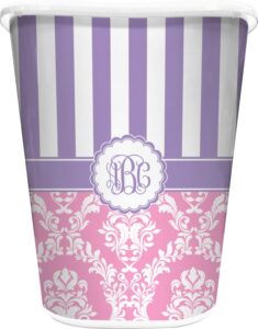 rnk shops personalized pink & purple damask waste basket - double sided (white)