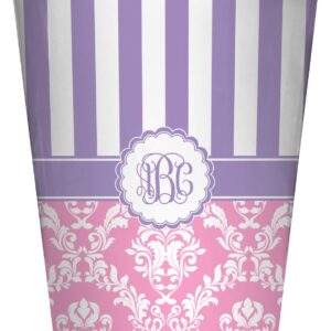 RNK Shops Personalized Pink & Purple Damask Waste Basket - Double Sided (White)