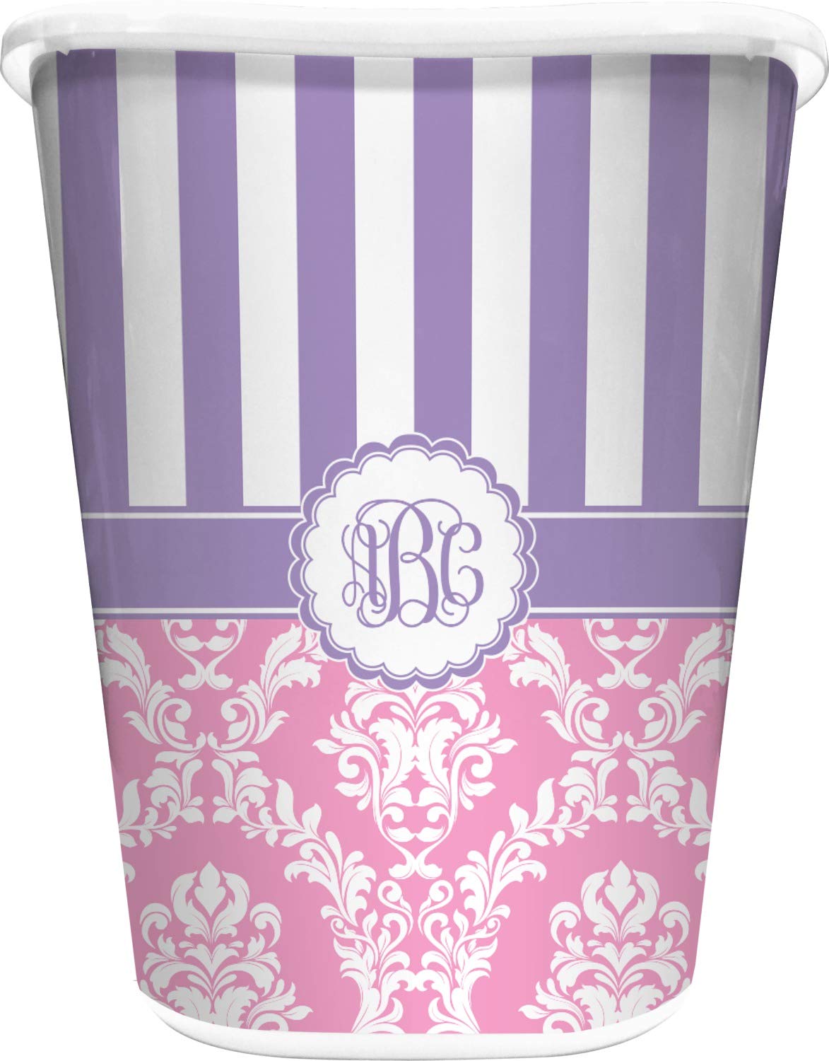 RNK Shops Personalized Pink & Purple Damask Waste Basket - Double Sided (White)