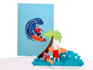 igifts and cards guy surfing 3d pop up greeting card - ocean, surfboard, wave, sport, half-fold, birthday, just because, thinking of you, retirement, get well, congratulations, friendship, good luck