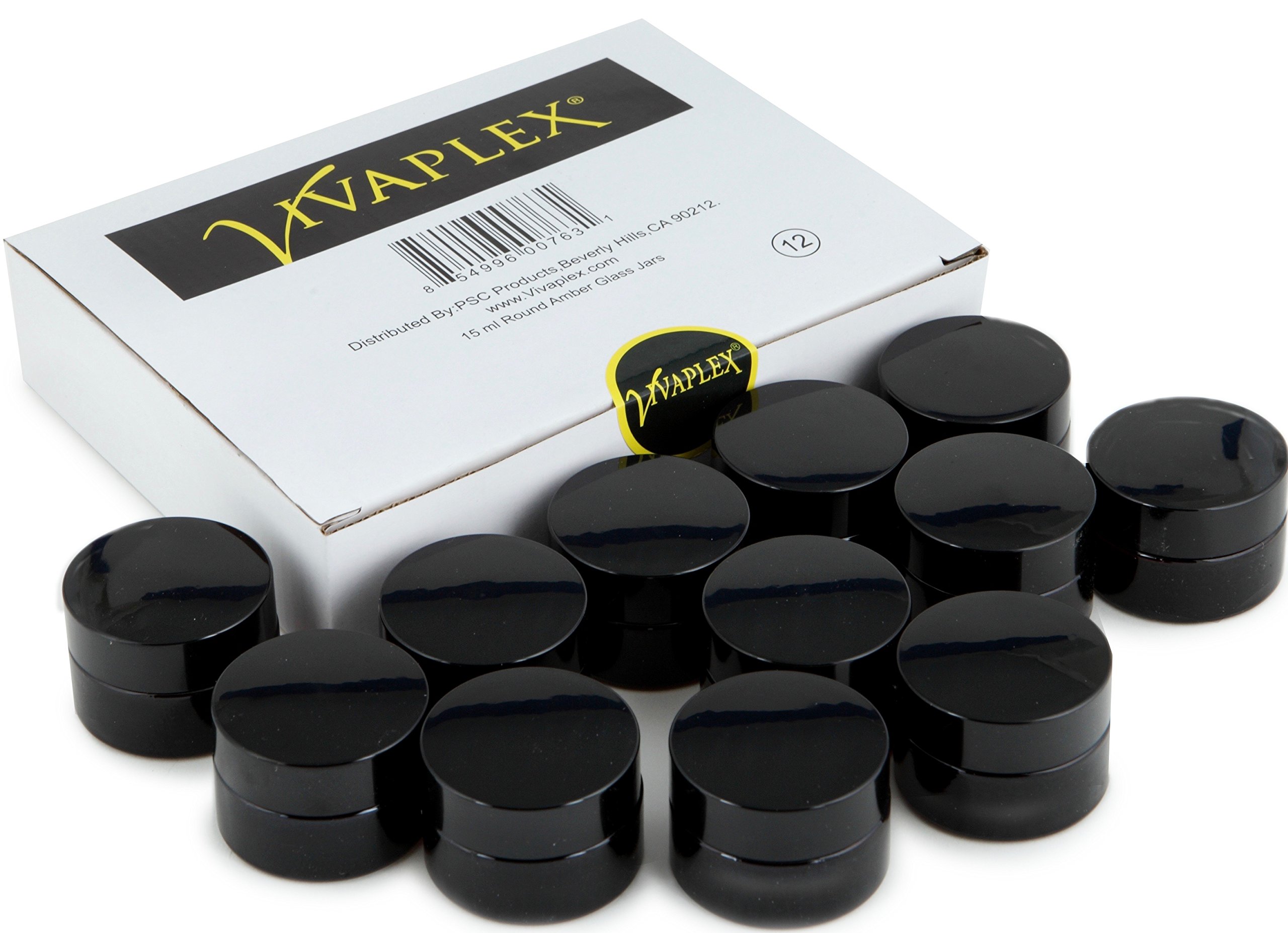 Vivaplex, 12, Amber, 15 ml, Round Glass Jars, with Inner Liners and black Lids