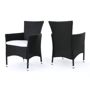 christopher knight home malta outdoor wicker dining chairs with water resistant cushions, 2-pcs set, black / white / black