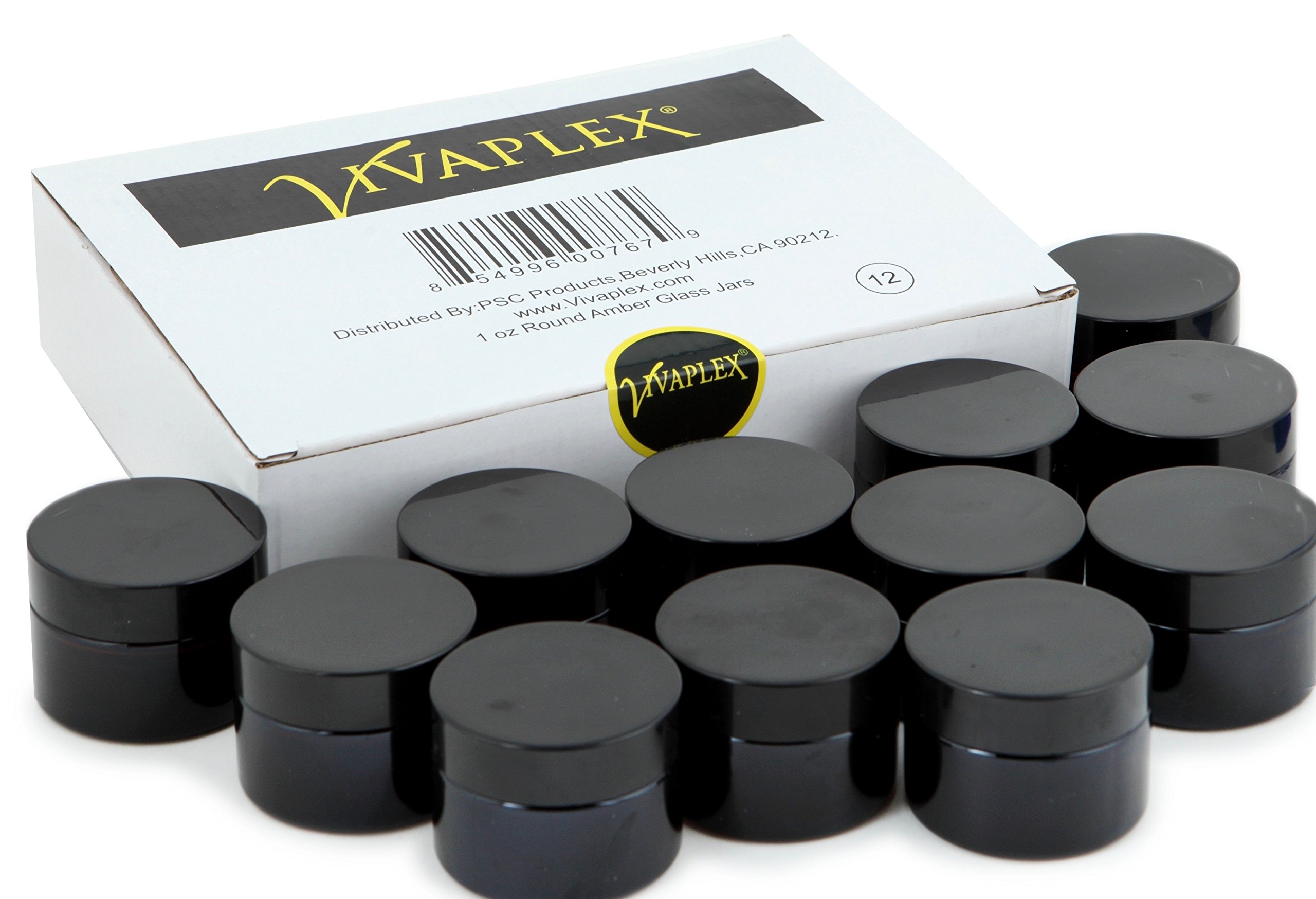 Vivaplex, 12, Amber, 1 oz, Round Glass Jars, with Inner Liners and black Lids