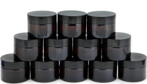 vivaplex, 12, amber, 1 oz, round glass jars, with inner liners and black lids