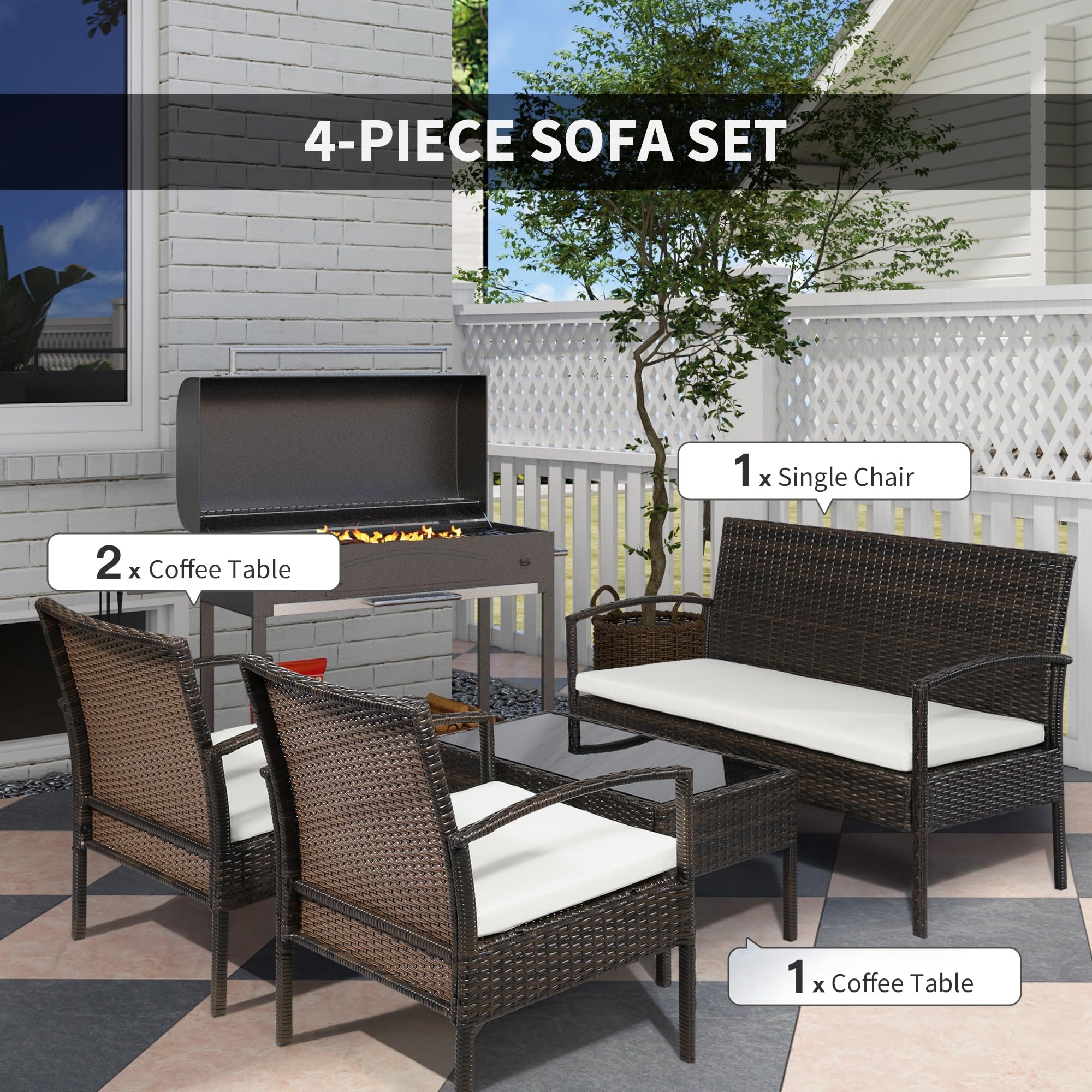 Outsunny Patio Furniture Set, 4 Piece Indoor Outdoor PE Wicker Conversation Set with Chairs, Loveseat Sofa, Cushions, Glass Table for Backyard, Sunroom, Pool, Garden, Brown