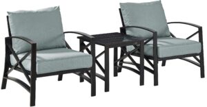 crosley furniture kaplan 3-piece outdoor chair and side table set, patio conversation sets for porch, deck, oiled bronze with mist cushions