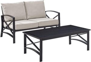 crosley furniture kaplan 2-piece outdoor coffee table and loveseat patio furniture set for porch, deck, oiled bronze with oatmeal cushions