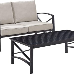 Crosley Furniture Kaplan 2-Piece Outdoor Coffee Table and Loveseat Patio Furniture Set for Porch, Deck, Oiled Bronze with Oatmeal Cushions