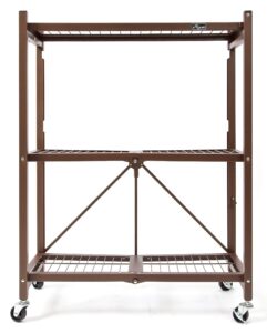 origami general purpose collapsible foldable 3-shelf small storage rack with wheels, pre-assembled - vintage bronze