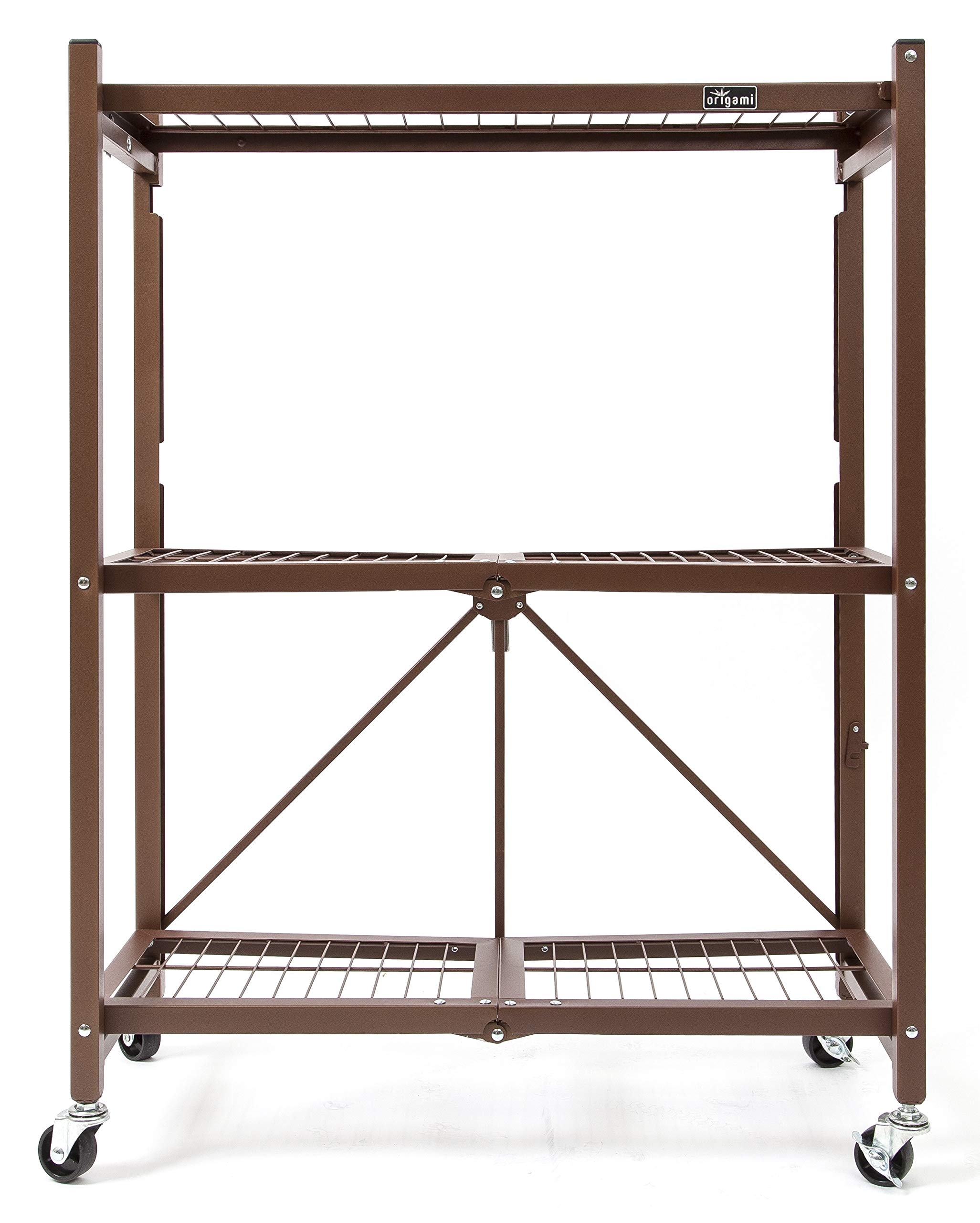 Origami General Purpose Collapsible Foldable 3-Shelf Small Storage Rack with Wheels, Pre-Assembled - Vintage Bronze