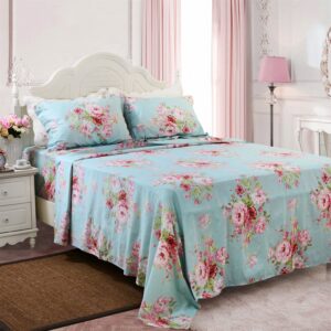 FADFAY Floral Twin XL Sheets 100% Combed Cotton Sheet Sets Pink Flowers Deep Pocket Fitted Sheets Girls Bedding Sets for All-Season (4Pcs, 1 Fitted Sheet, 1 Flat Sheet, 2 Pillowcases)