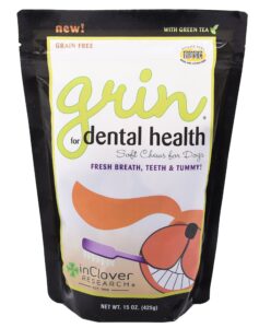 in clover natural dental treat chew for dogs, grin, fresh breath dog chew treat with prebiotics, fresh breath tartar control chew for dogs, daily chew supplement for dogs supports dog gums and teeth