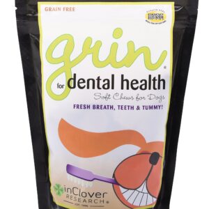 In Clover Natural Dental Treat Chew for Dogs, Grin, Fresh Breath Dog Chew Treat with Prebiotics, Fresh Breath Tartar Control Chew for Dogs, Daily Chew Supplement for Dogs Supports Dog Gums and Teeth