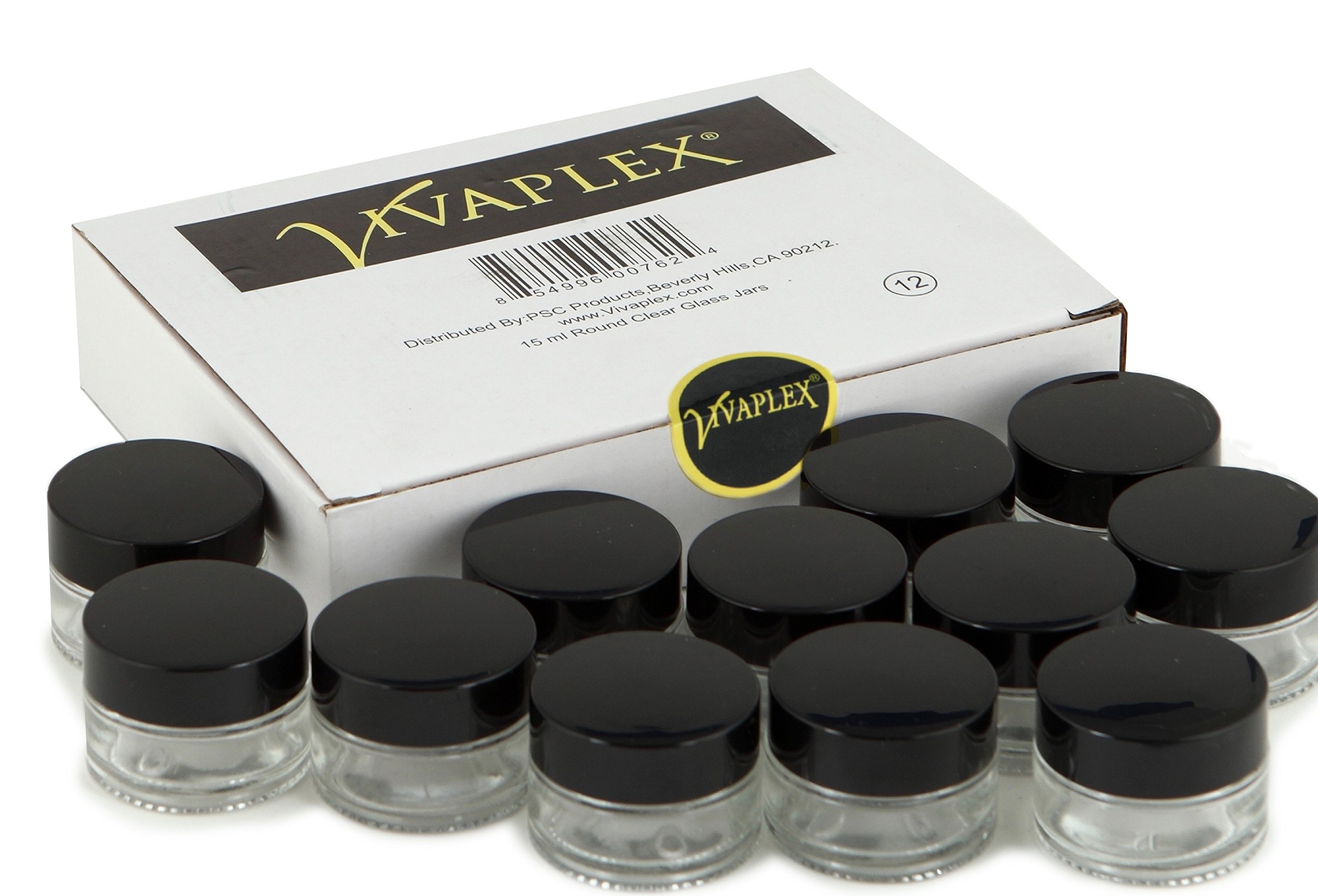 Vivaplex, 12, Clear, 15 ml (1/2 oz), Round Glass Jars, with Inner Liners and black Lids