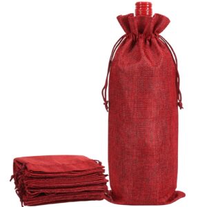 shintop 10pcs jute wine bags, 13.4 x 5.9 inches hessian wine bottle gift bags with drawstring for wedding christmas wine tasting party favors(red)