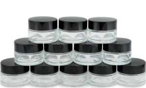 vivaplex, 12, clear, 15 ml (1/2 oz), round glass jars, with inner liners and black lids