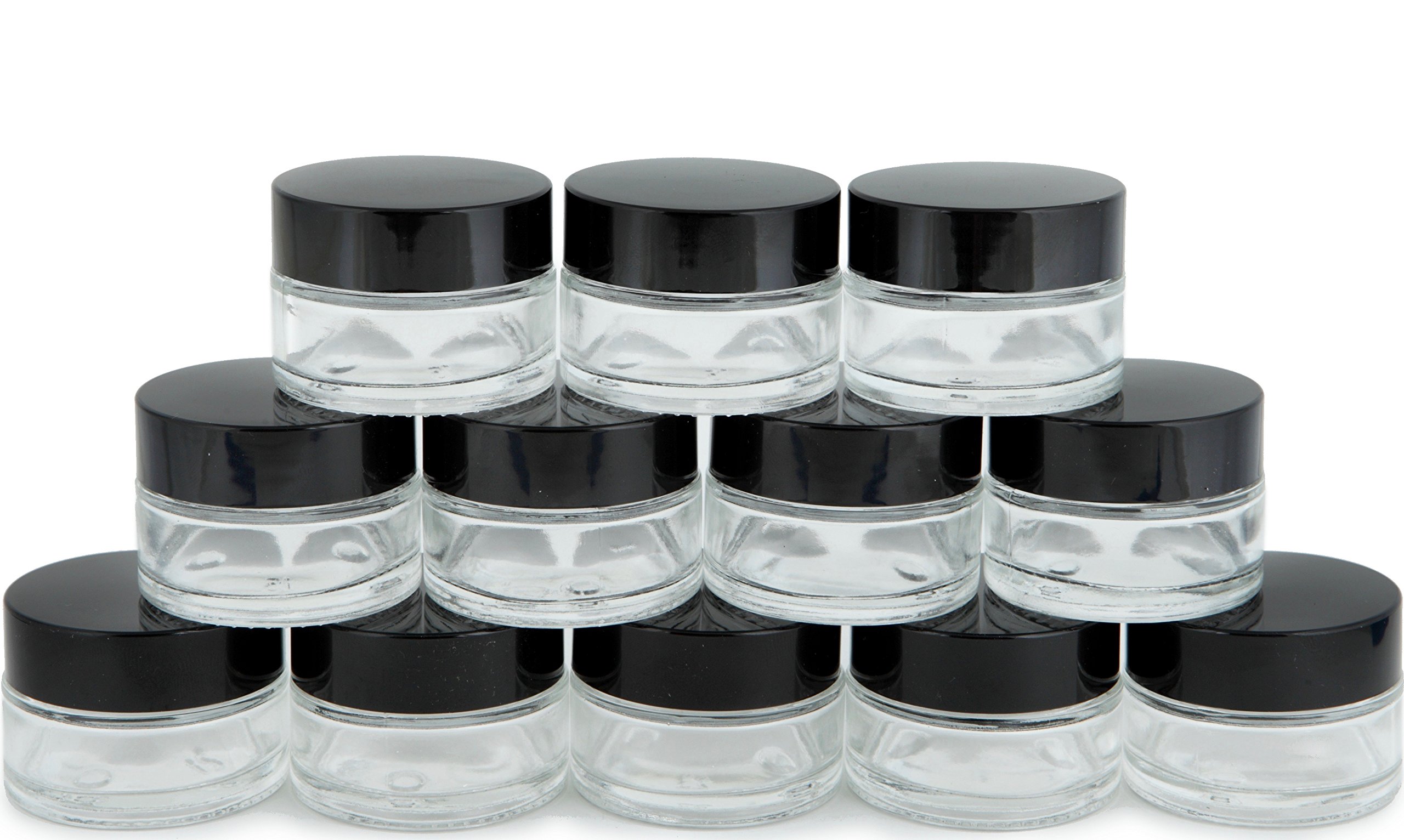 Vivaplex, 12, Clear, 15 ml (1/2 oz), Round Glass Jars, with Inner Liners and black Lids