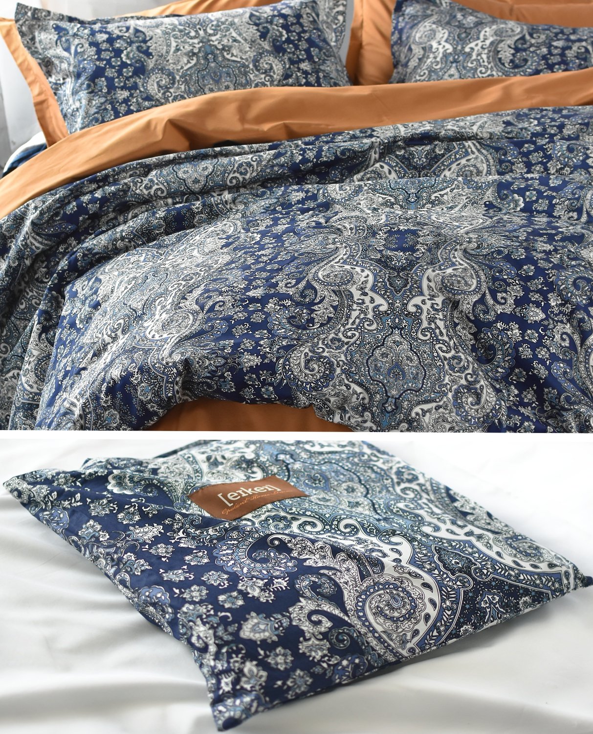 Eikei Home Damask Medallion Luxury Duvet Quilt Cover Boho Paisley Print Bedding Set 400 Thread Count Egyptian Cotton Sateen Vibrant Bohemian Pattern,3 pieces (King, Midnight)