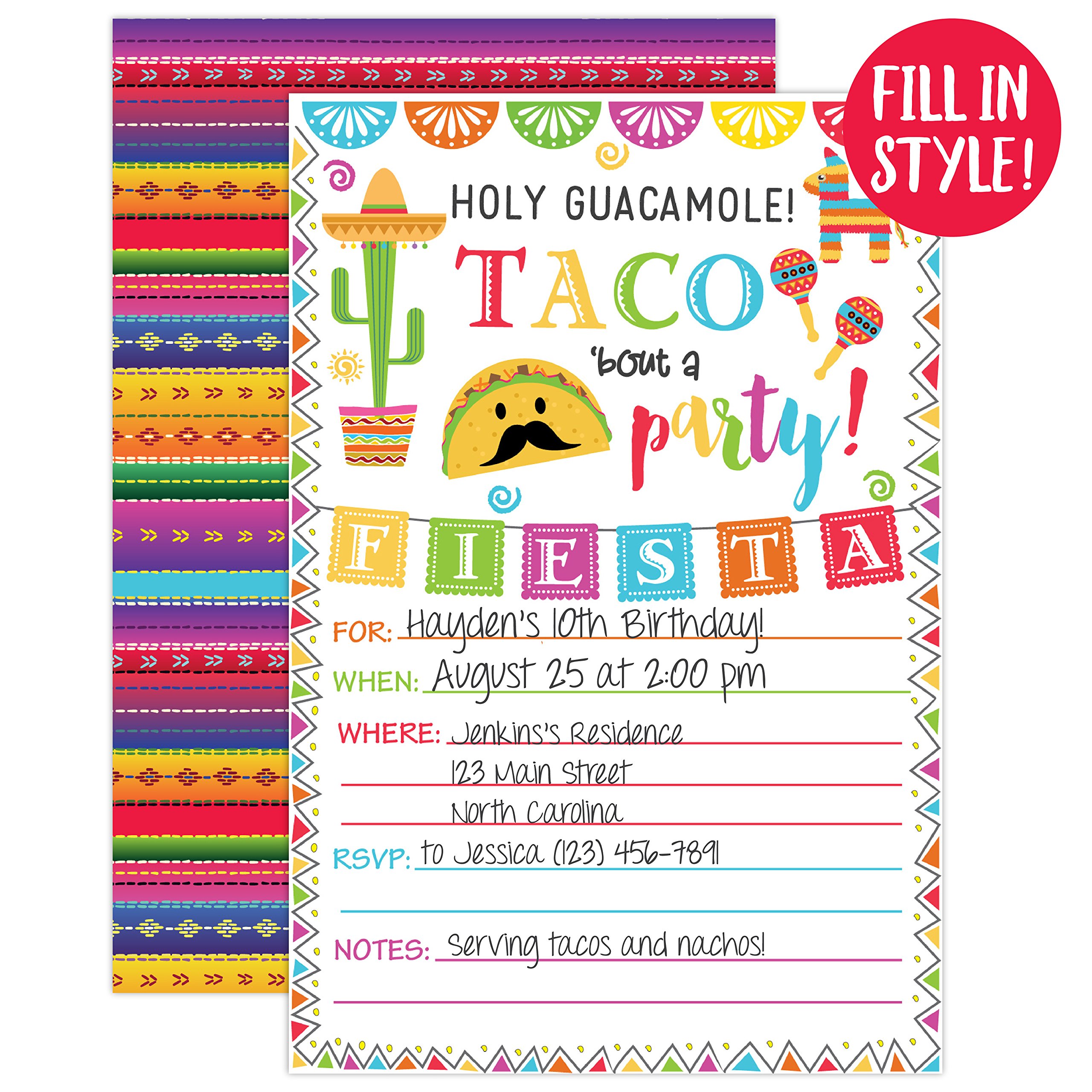 Fiesta Invitation - Fiesta Birthday Party Invitation - Mexican Fiesta Birthday Party Invitation - Taco Bout a Party Invitation - Taco Tuesday - 20 Fill-In Invitations With White Envelopes