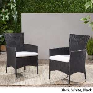 Christopher Knight Home Malta Outdoor Wicker Dining Chairs with Water Resistant Cushions, 2-Pcs Set, Black / White / Black